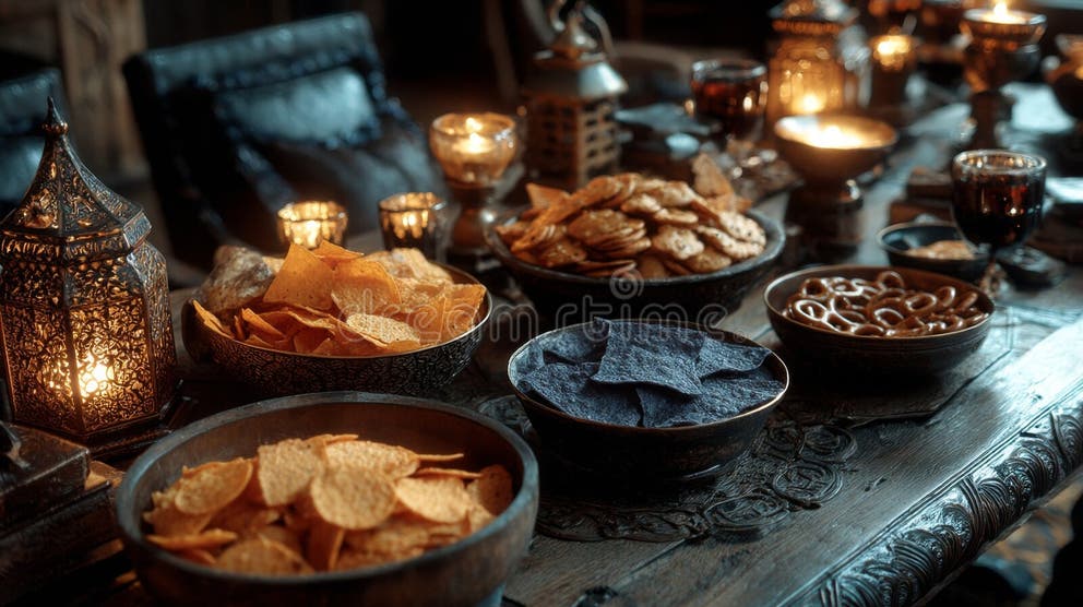 Rustic Medieval Style Snack Feast on Wooden Table Stock Illustration ...