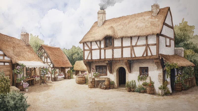 Rustic Medieval Village with Half-timbered Houses and Lush Gardens ...