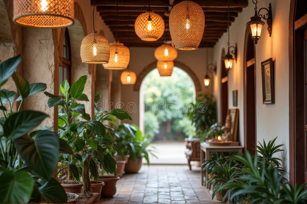 Rustic Mediterranean Corridor with Hanging Lanterns and Lush Greenery ...