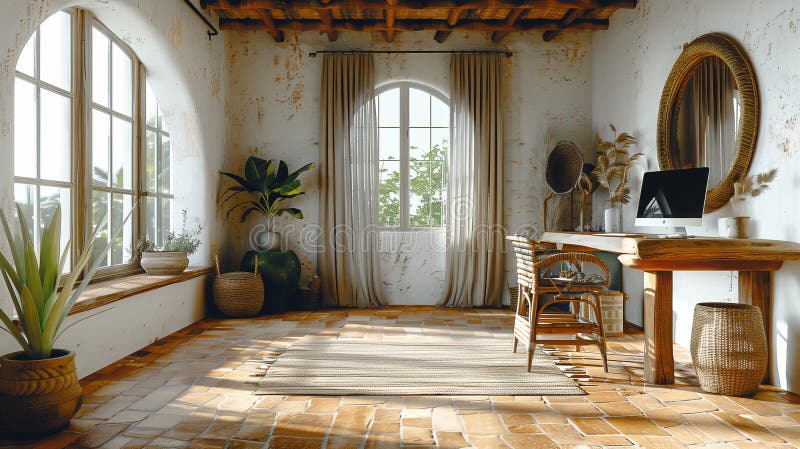 Rustic Mediterranean Home Office Features a Wooden Desk with a Computer ...