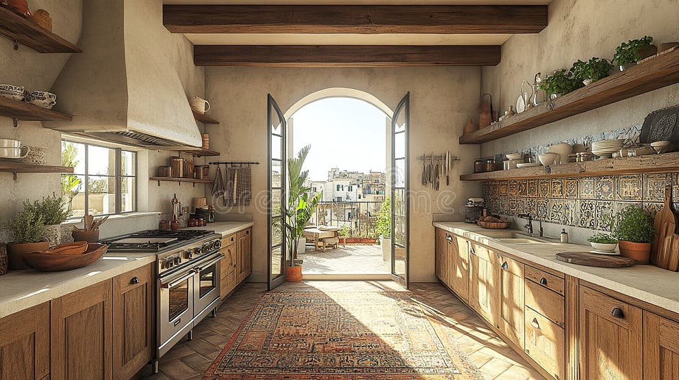 Rustic Mediterranean Kitchen with Rooftop View Stock Illustration ...