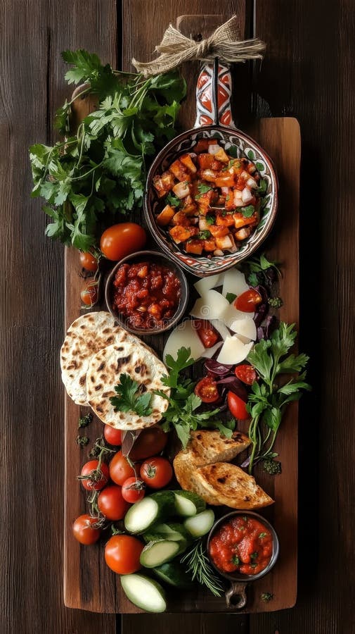 Rustic Mediterranean Platter with Fresh Vegetables and Dips on Wooden ...