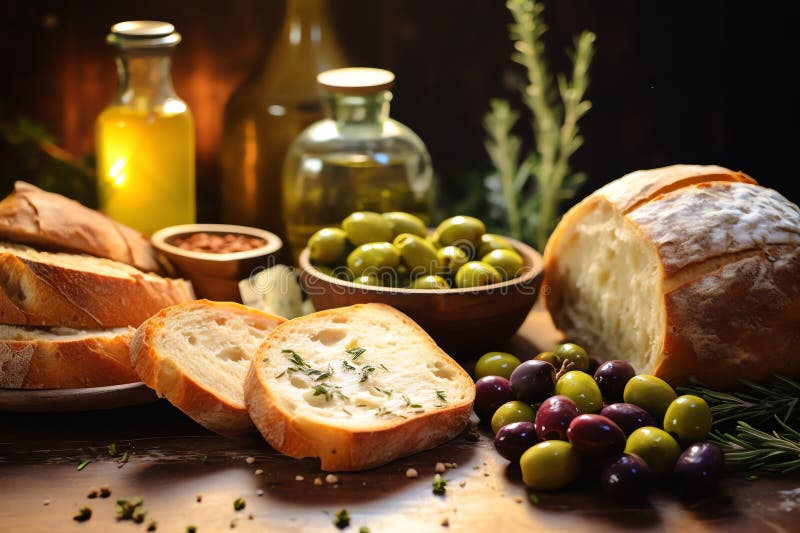A Rustic Mediterranean Spread with Bread Olives and Cheese ...