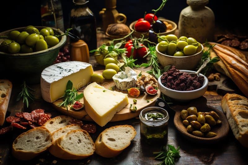 A Rustic Mediterranean Spread with Bread Olives and Cheese ...