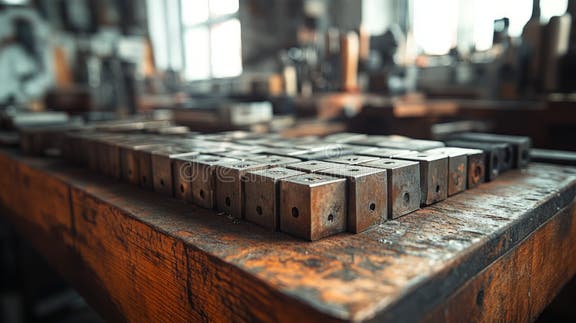 Rustic Metal Blocks Arranged on a Wooden Workbench in a Workshop. Stock ...