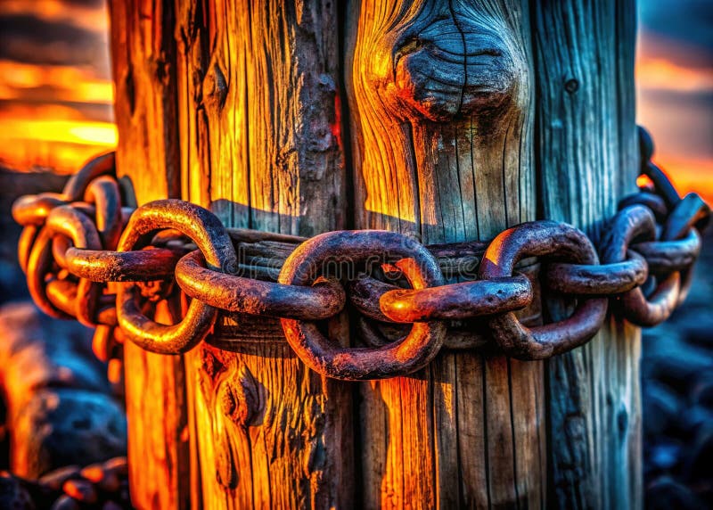 Rustic Metal Chains Wrapped Tightly Around a Weathered Wooden Post a ...