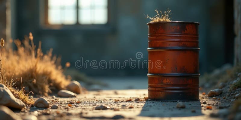 Rustic Metal Drum Container Sits Amidst Dry Brush and Rocks in a ...