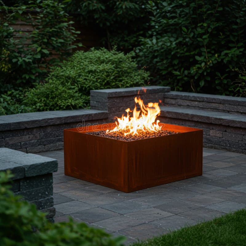 Rustic Metal Fire Pit on Patio at Night Stock Illustration ...