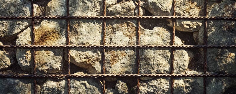 Rustic Metal Grid Weathered Stone Wall Architectural Design Backgrounds ...