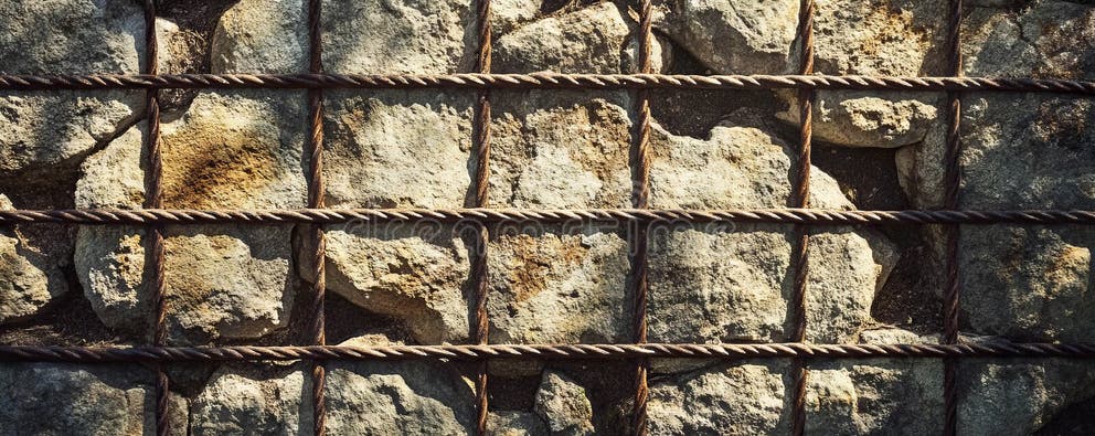 Rustic Metal Grid on Weathered Stone Wall for Architectural and Design ...