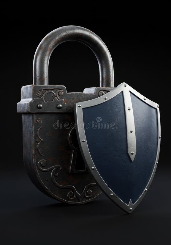 Rustic Metal Lock and Shield Digital Security Concept Stock ...