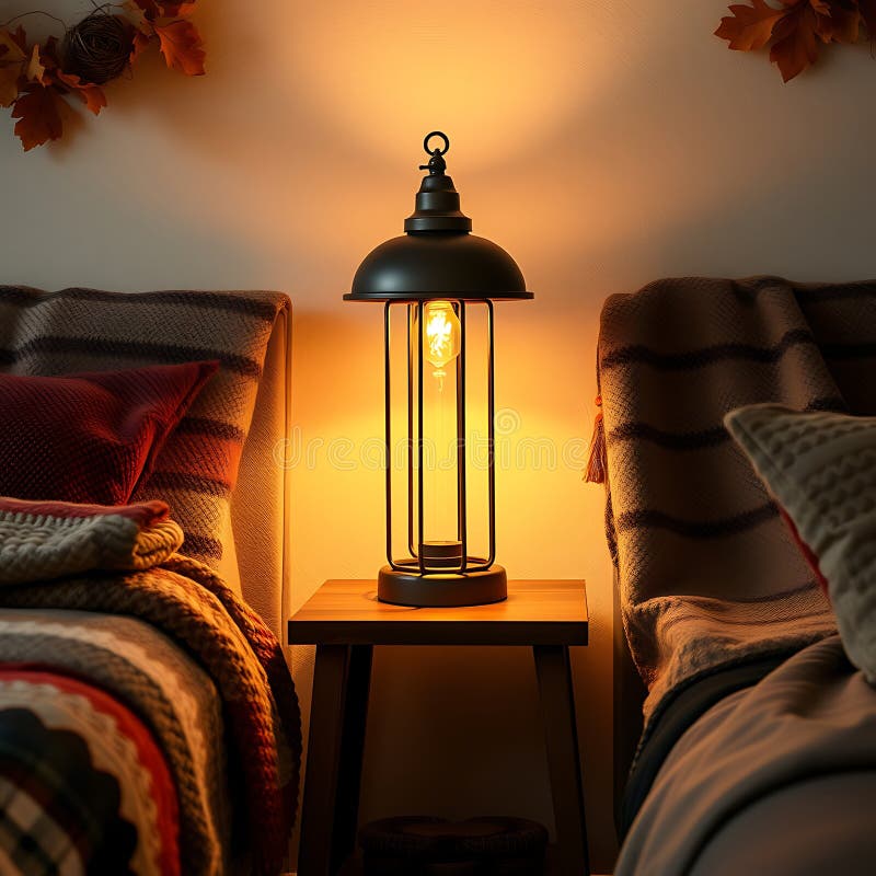 A Rustic Metal Table Lamp on a Small Wooden Side Table with Dim Warm ...