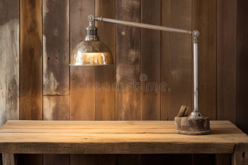 Rustic Metallic Lamp Hanging Over a Reclaimed Wood Desk Stock Photo ...