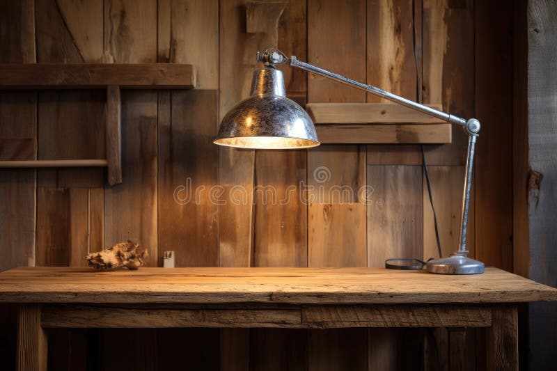 Rustic Metallic Lamp Hanging Over a Reclaimed Wood Desk Stock ...