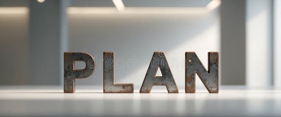 Rustic Metallic Letters Spelling PLAN on Desk in Modern Office Stock ...