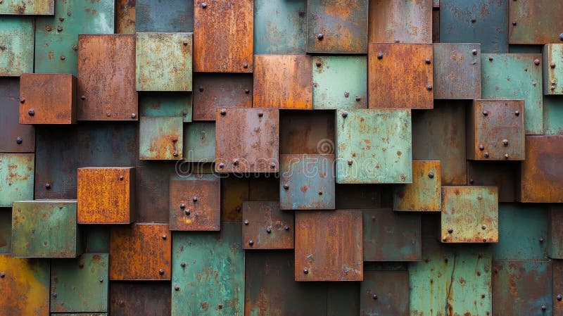 A Rustic Metallic Wall Texture Showcasing a Collage of Square Panels in ...