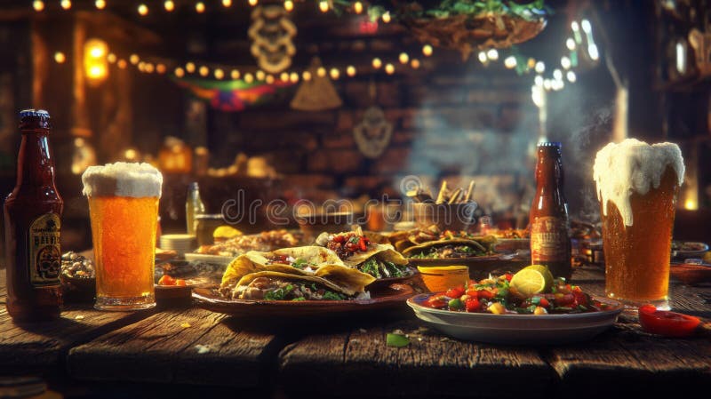 Rustic Mexican Fiesta Dinner with Beer Stock Illustration ...