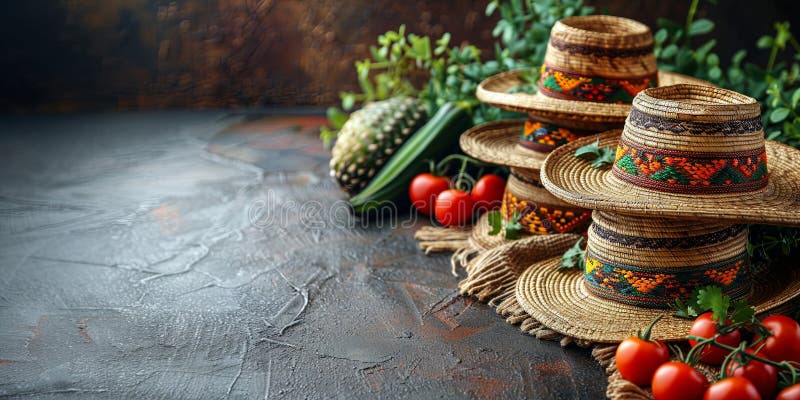 Rustic Mexican Hats with Tomatoes Stock Illustration - Illustration of ...