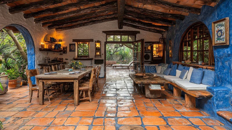 Rustic Mexican Patio Dining Area, Garden View Stock Photo - Image of ...