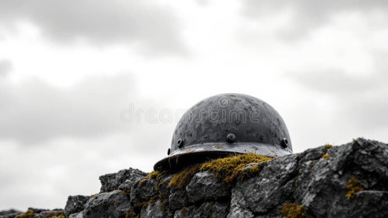 Rustic Military Helmet on Moss-covered Stone Wall Against Cloudy Sky ...
