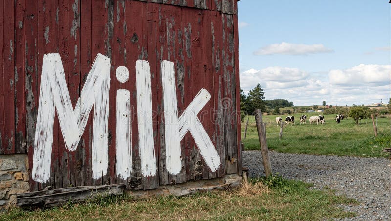 Rustic Milk Sign by Red Barn with Grazing Cows Stock Illustration ...