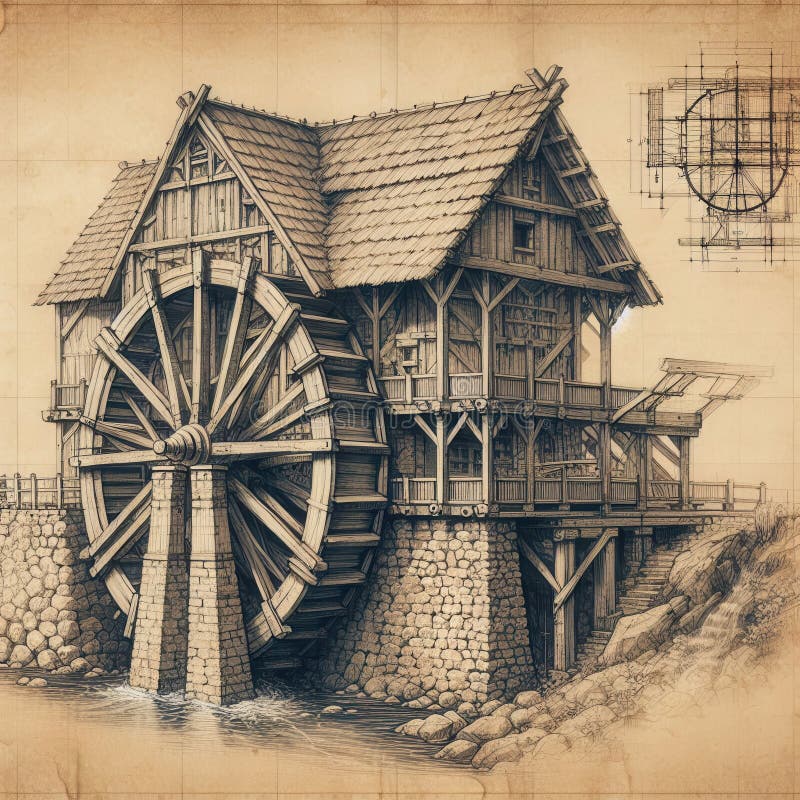 Watermill Architecture with Detailed Timber Framing Stock Illustration ...