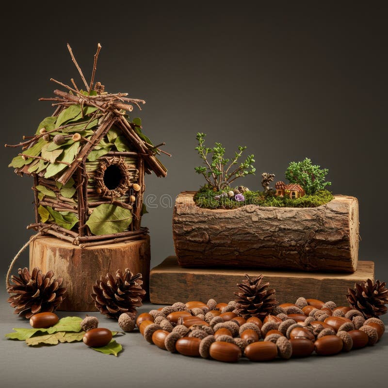 Rustic Miniature Birdhouse and Forest Scene with Acorns Stock ...