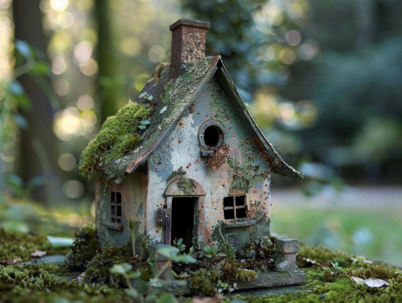 A Rustic Miniature House Model Covered in Moss, Set in a Forest-like ...