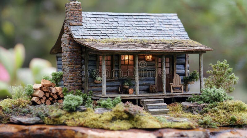 Rustic Miniature Log Cabin Model with Stone Chimney Stock Illustration ...