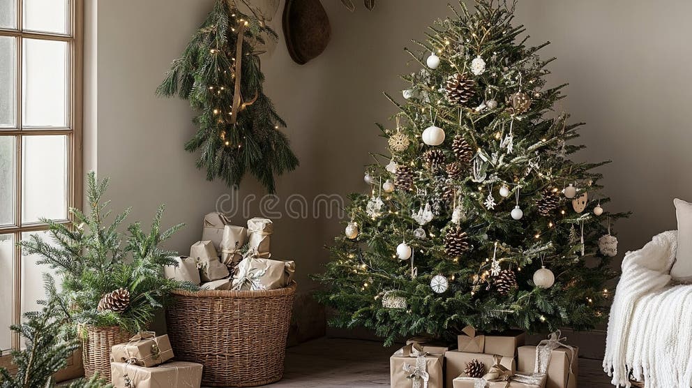Rustic and Minimalist Christmas Tree Setup with White and Natural ...