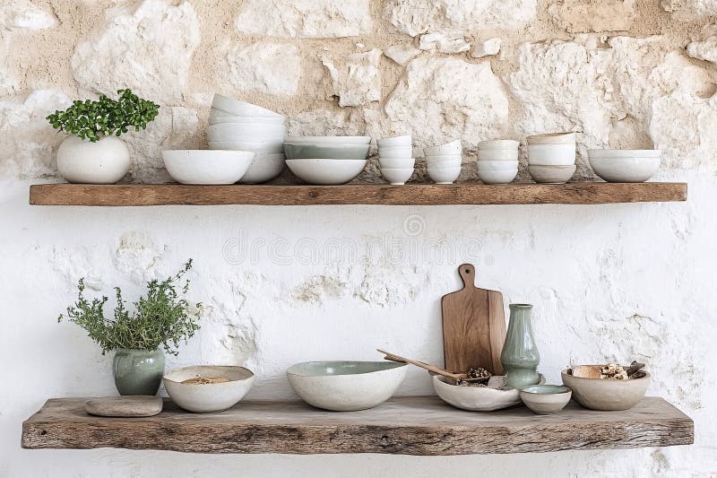Rustic Minimalist Kitchen Decor with Wooden Shelves, Ceramic Bowls ...