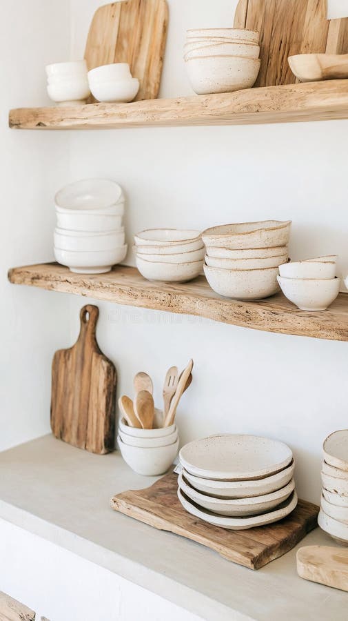 Rustic Minimalist Kitchen Decor with Wooden Shelves, Ceramic Bowls ...