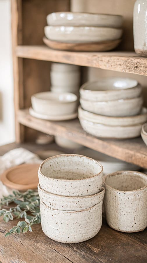 Rustic Minimalist Kitchen Decor with Wooden Shelves, Ceramic Bowls ...