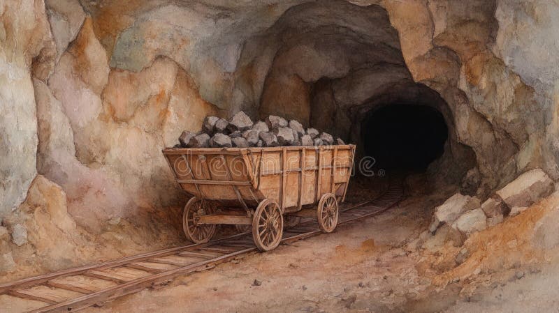 Rustic Mining Scene with Ore Cart in Tunnel - Vintage Watercolor ...