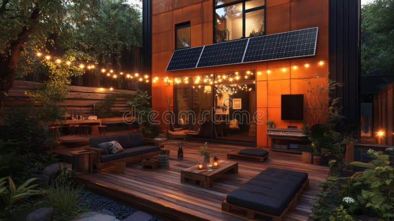 Rustic Modern Backyard Patio at Night with Warm String Lights Stock ...