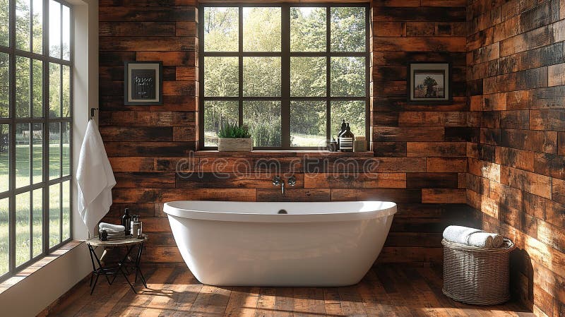 Rustic, Modern Bathroom with Large Window and Wooden Wall Stock ...
