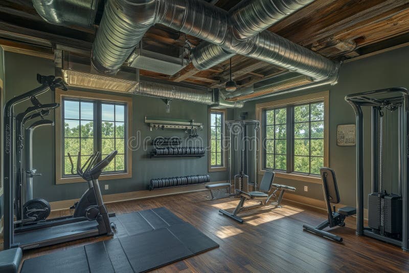Rustic Modern Home Gym with Diverse Exercise Equipment, Exposed ...