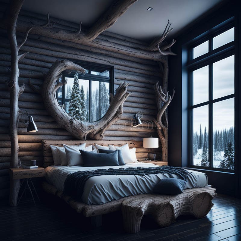Rustic Modern Interior Design of Bedroom, Large Panoramic Window with ...