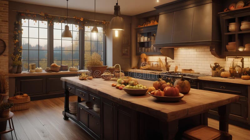 Rustic Modern Kitchen and Autumn Decoration Stock Illustration ...