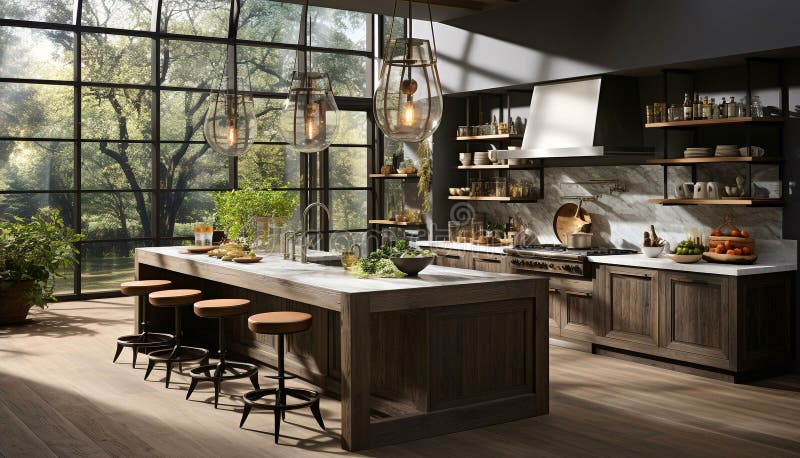 Rustic Modern Kitchen Design with Panoramic Windows Stock Illustration ...