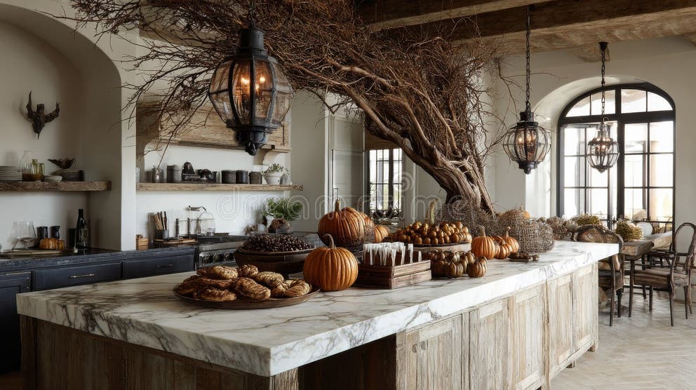 Rustic Modern Kitchen Interior with Autumn Decor Stock Illustration ...