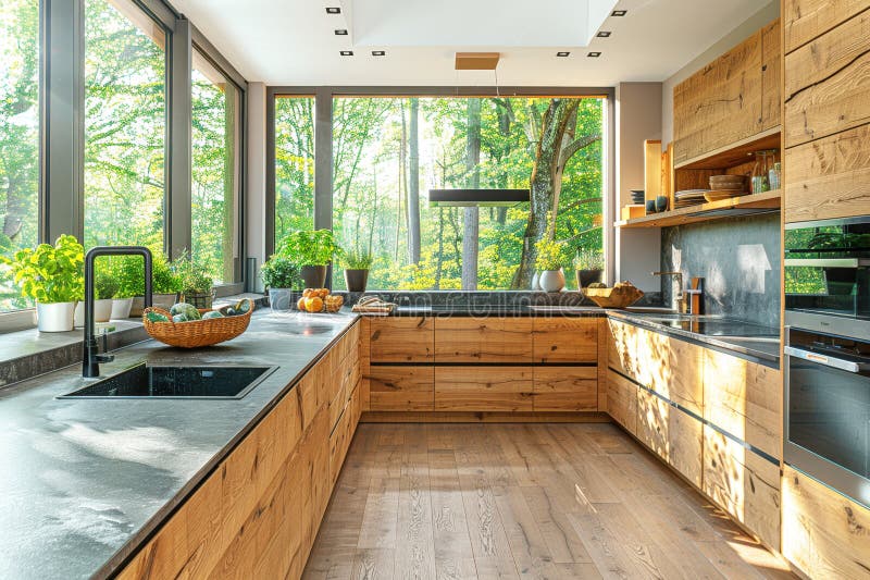 Rustic Modern Kitchen with Large Forest View Stock Image - Image of ...