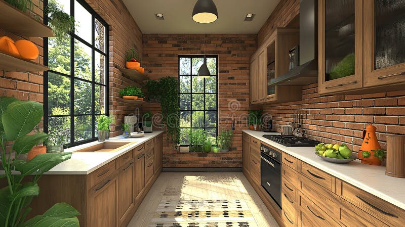 Rustic, Modern Kitchen with Large Windows and Brick Walls Stock ...