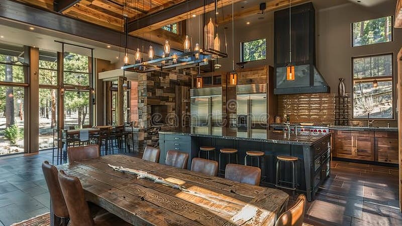 Rustic Modern Kitchen with Large Windows Stock Illustration ...