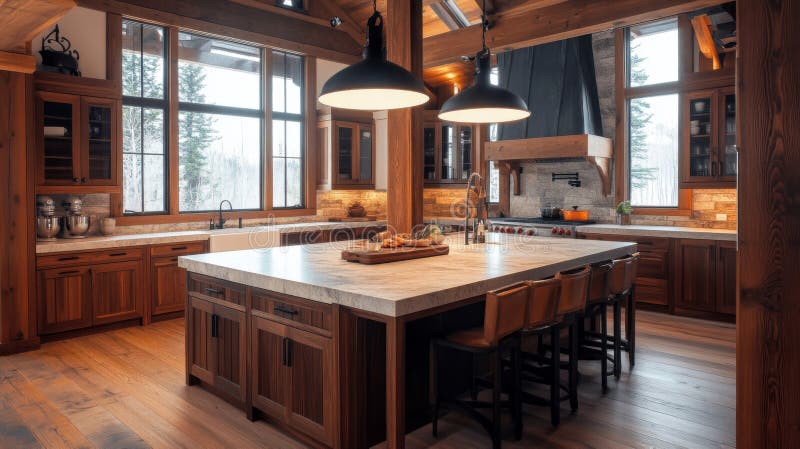 Rustic Modern Kitchen with Wood Island and Large Windows Stock ...