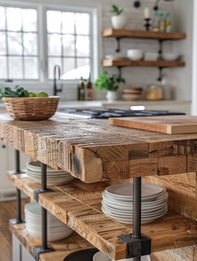 Rustic Modern Kitchen with a Wooden Countertop and Shelves. Stock Photo ...