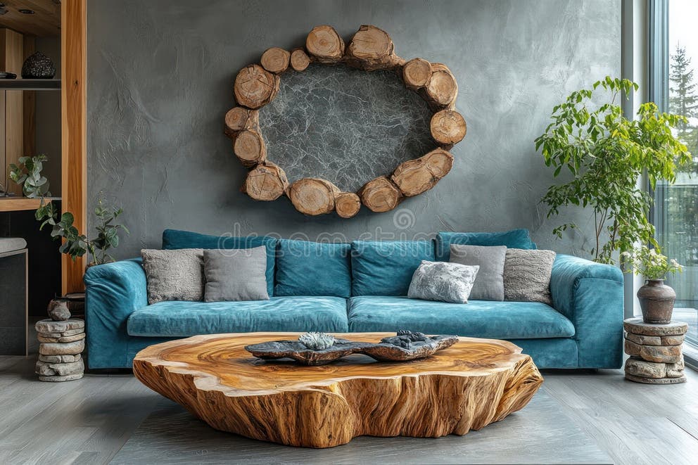 Rustic Modern Living Room with Blue Sofa, Wooden Tree Root Backrest ...
