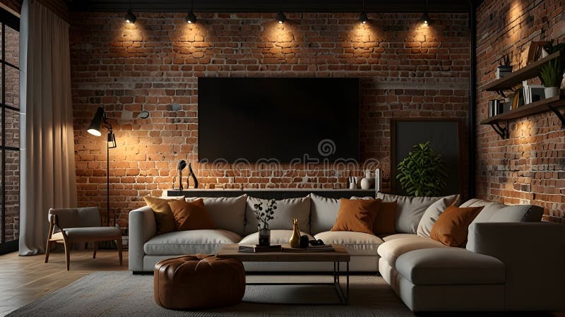 Rustic Modern Living Room with Exposed Brick Wall and Soft Ambient ...