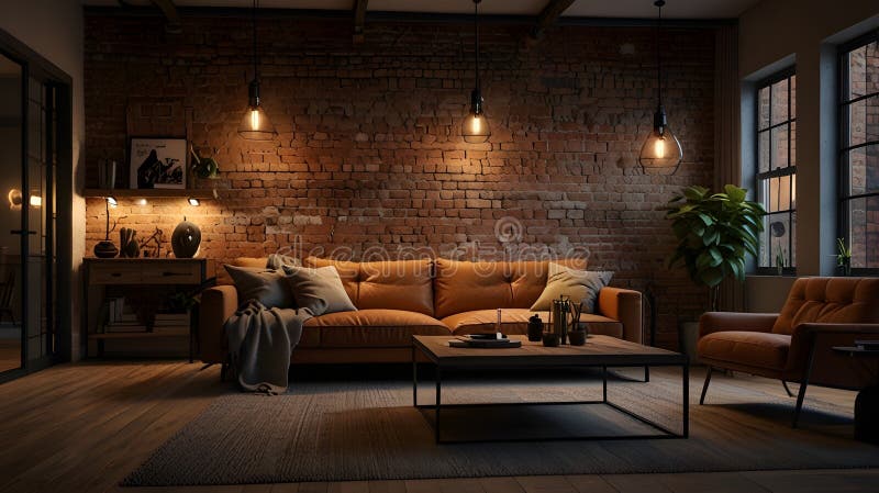 Rustic Modern Living Room with Exposed Brick Wall and Soft Ambient ...
