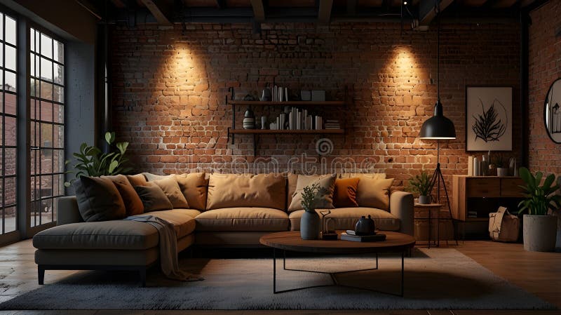 Rustic Modern Living Room with Exposed Brick Wall and Soft Ambient ...